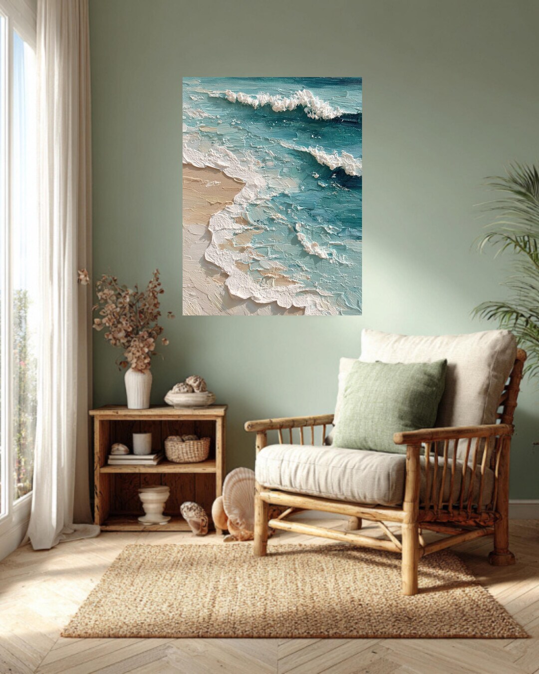 Abstract Ocean Wave Painting: Beige Impasto Texture, Coastal Wall Art ...