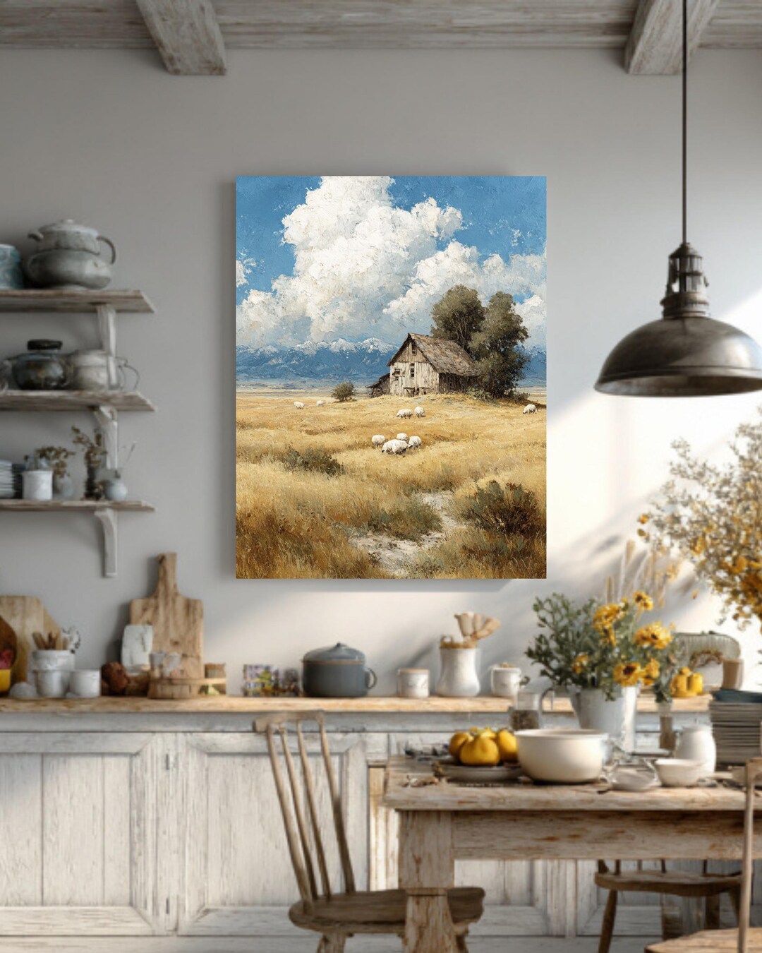 Rustic Farmhouse Landscape Painting, Sheep, Old Wooden House Wall Art ...