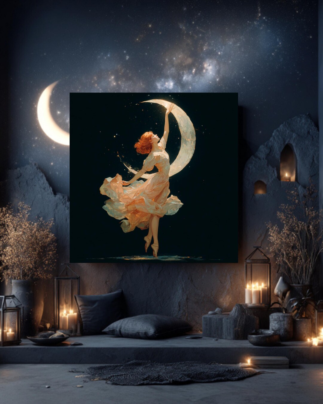 1920s Style Woman in Moonlight Art Print: Ethereal Celestial Portrait ...