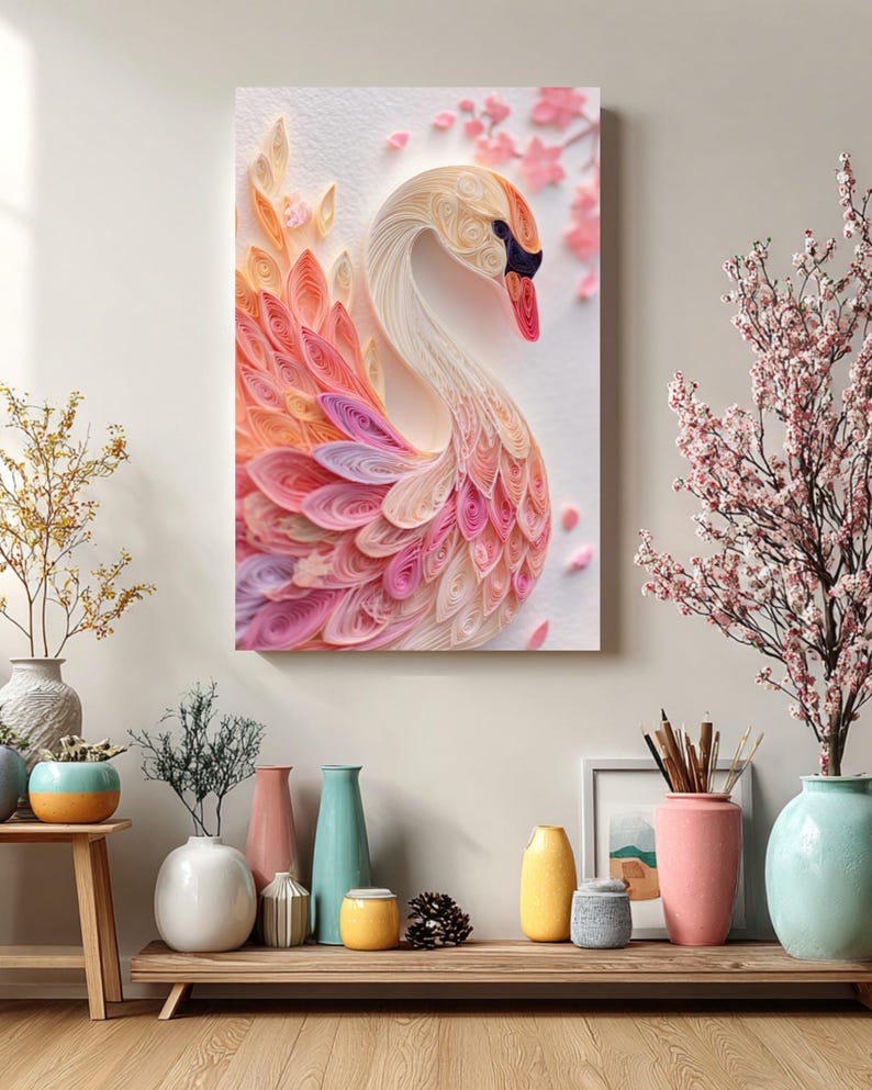 Swan Quilling Art Print: Pastel Pink Paper Artwork - Etsy