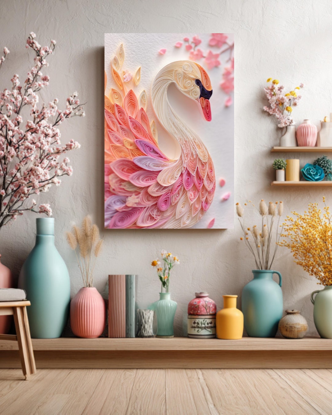 Swan Quilling Art Print: Pastel Pink Paper Artwork - Etsy