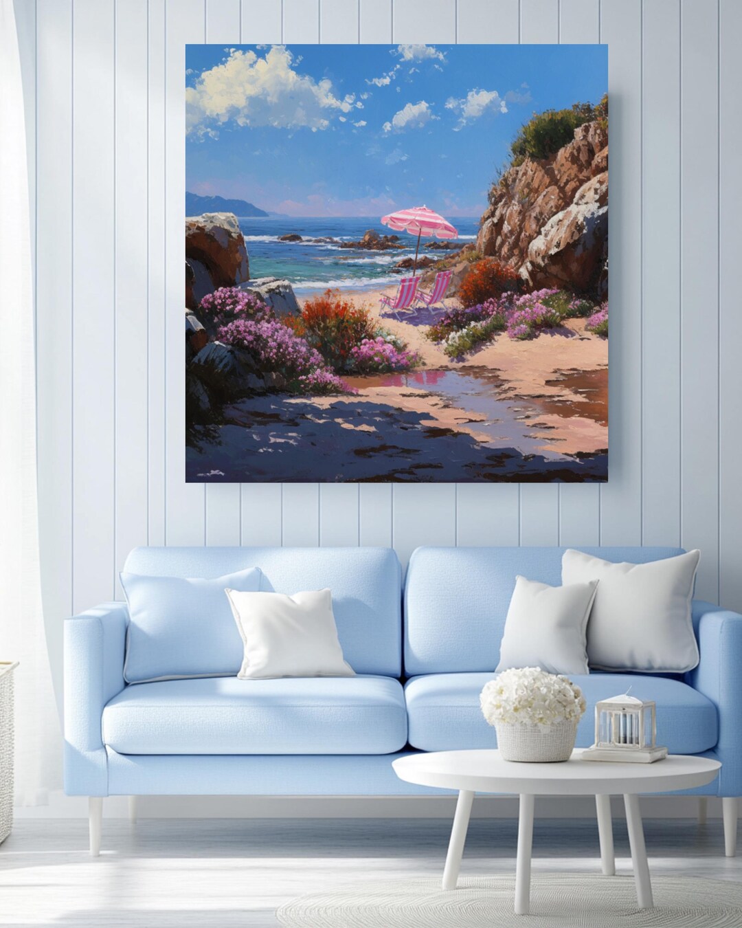 Vintage Beach Chairs Oil Painting: Dreamy Coastal Seaside Art Print - Etsy