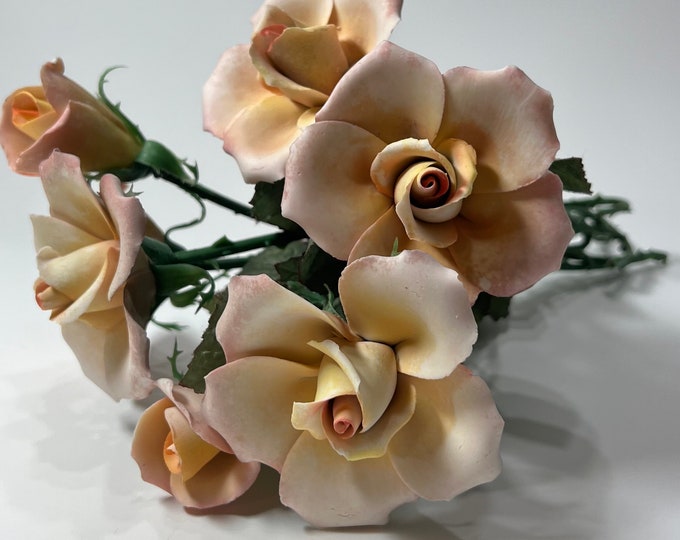 Capodimonte Porcelain Roses Pink and White on Green Wired Stems Life ...