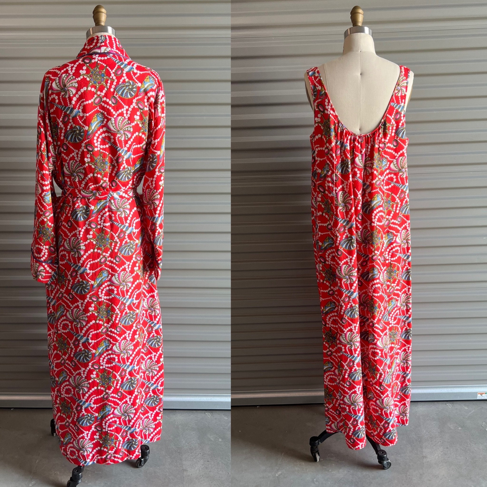 1980s Mary Mcfadden Gown and Robe Sea Shells Red and Blue Size Large - Etsy