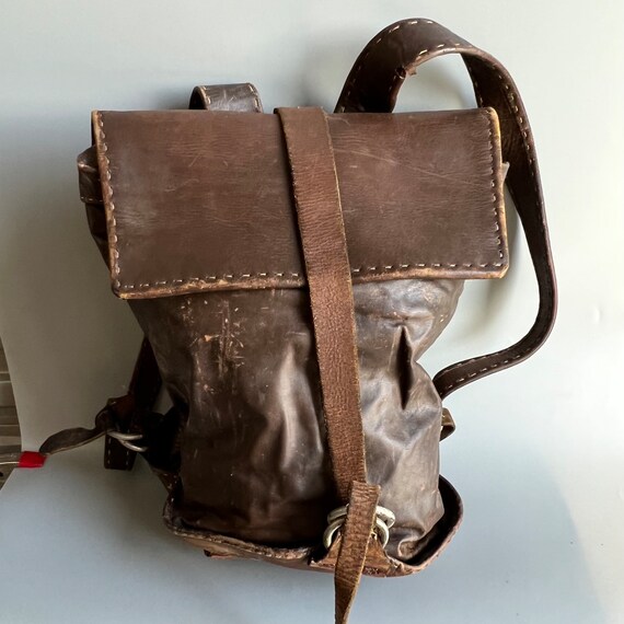 1970s Handmade Backpack Rugged Brown Leather Hand Sti… - Gem