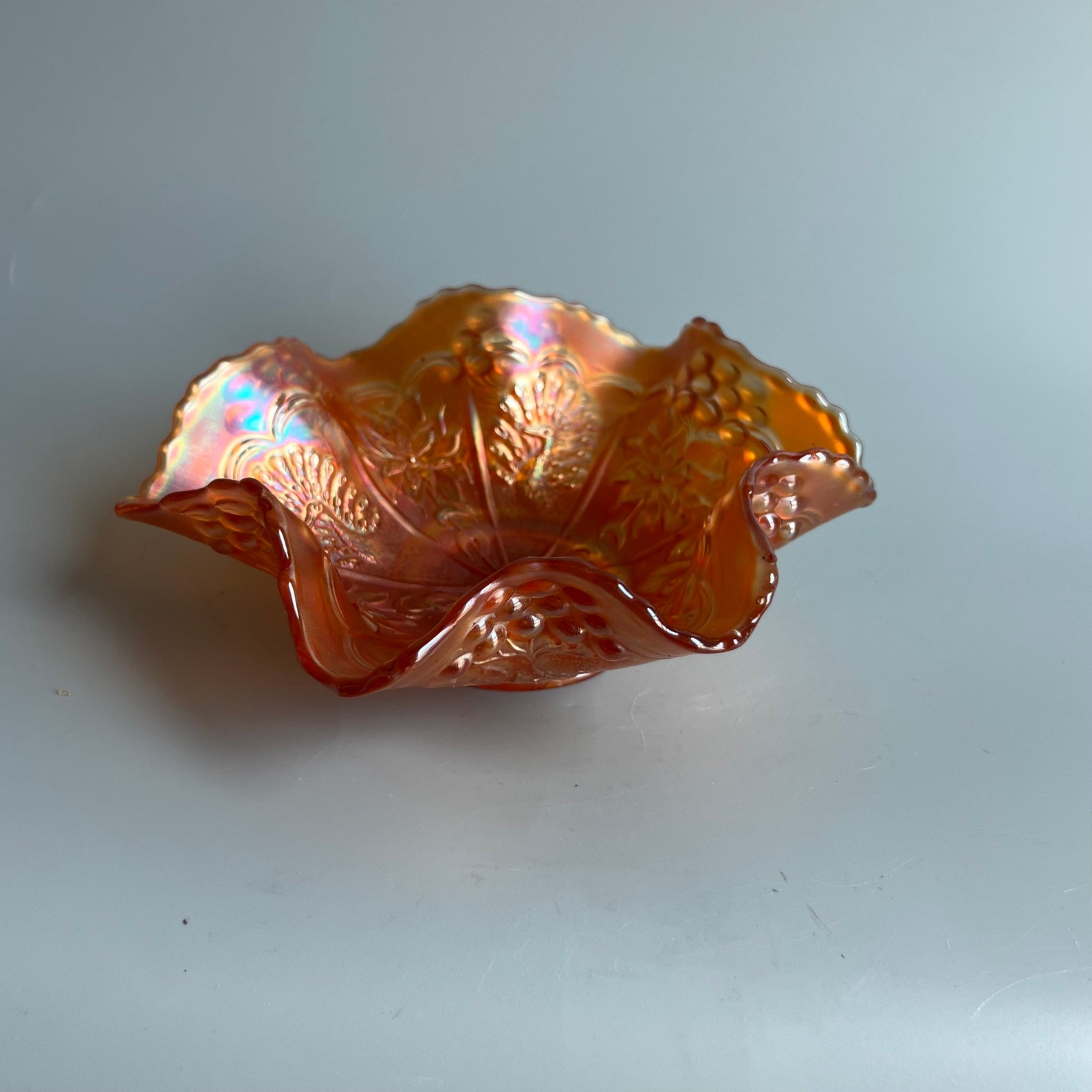 Carnival Glass Bowl Peacocks and Grapes Marigold With Ruffle Lip - Etsy