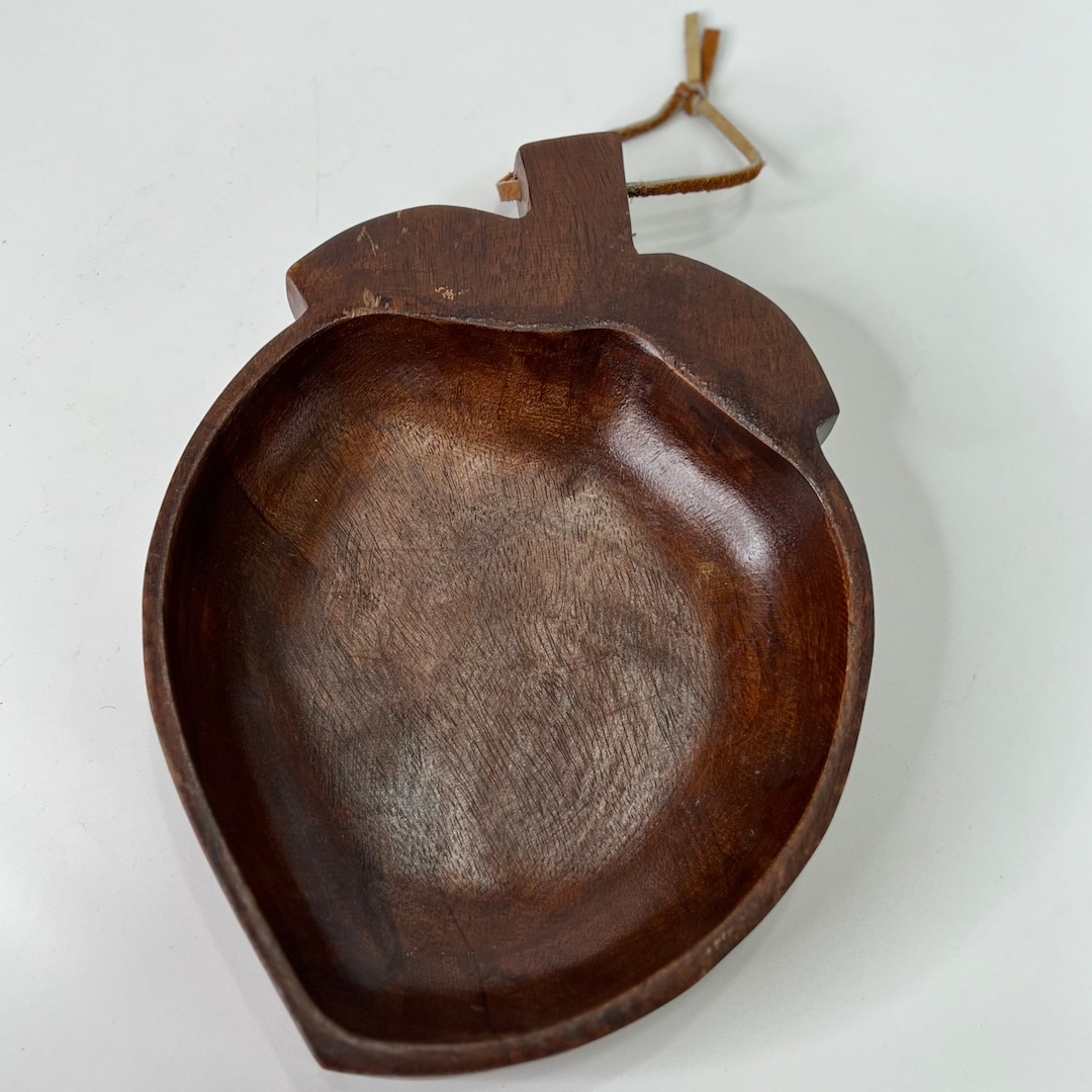 Vintage Wood Bowl With Acorn Shape Walnut Wood Leather Hanging Loop 11 ...