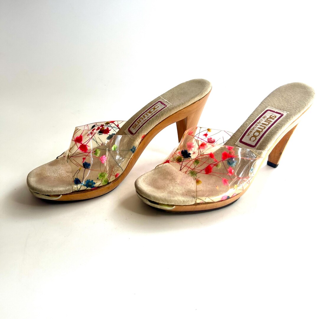 1960s Clear Floral Sandals With Wood and Suede Soles by Sunmoc - Etsy