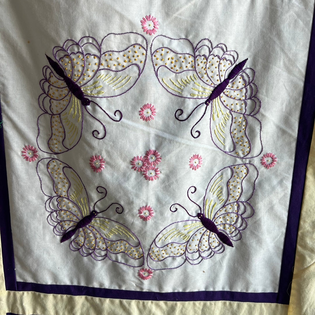 Butterfly Quilt Topper Machine Quilted Hand Embroidered Butterflies ...