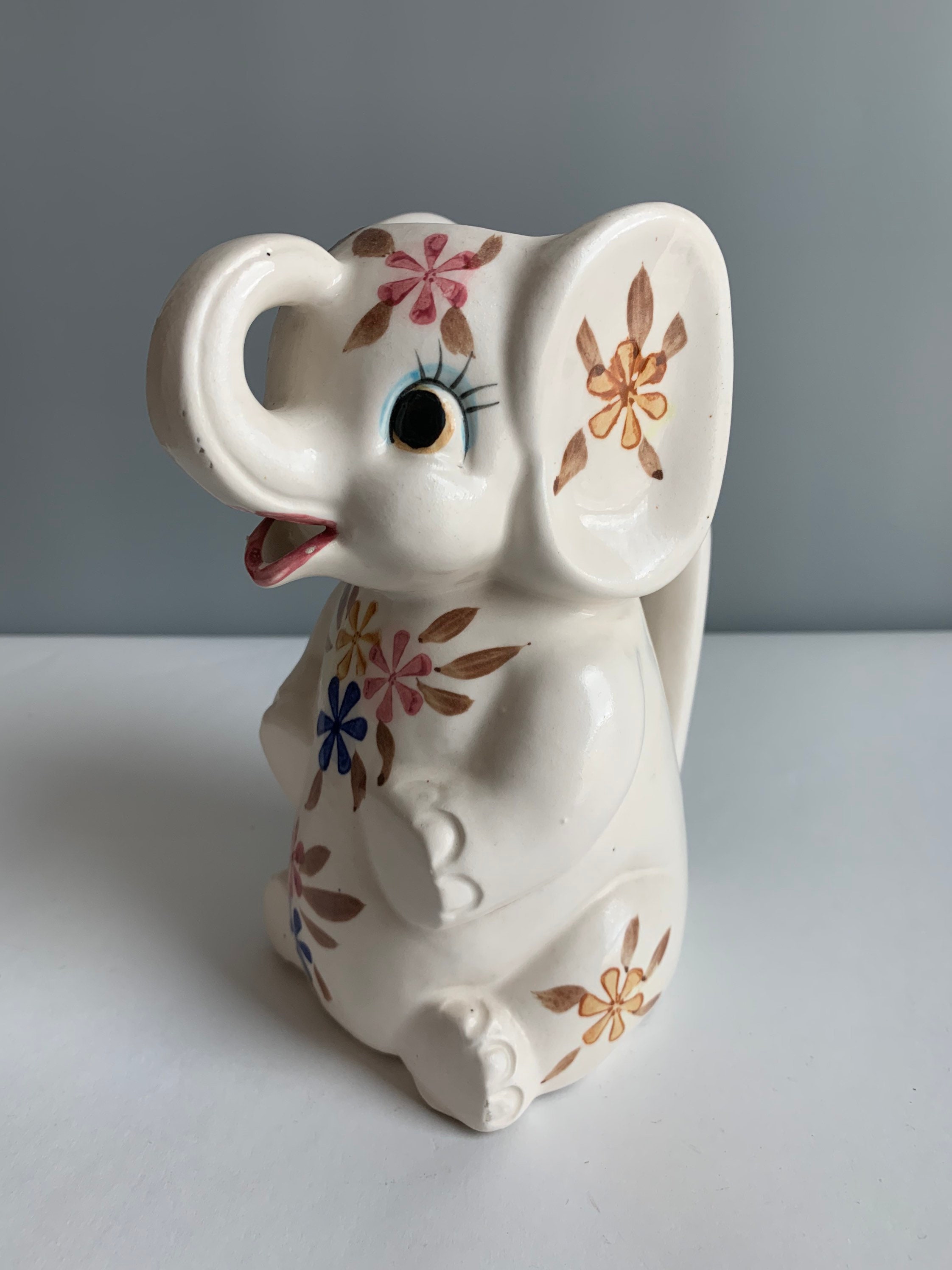 Vintage Elephant Pitcher Big Eye Trunk Up White with Hand | Etsy