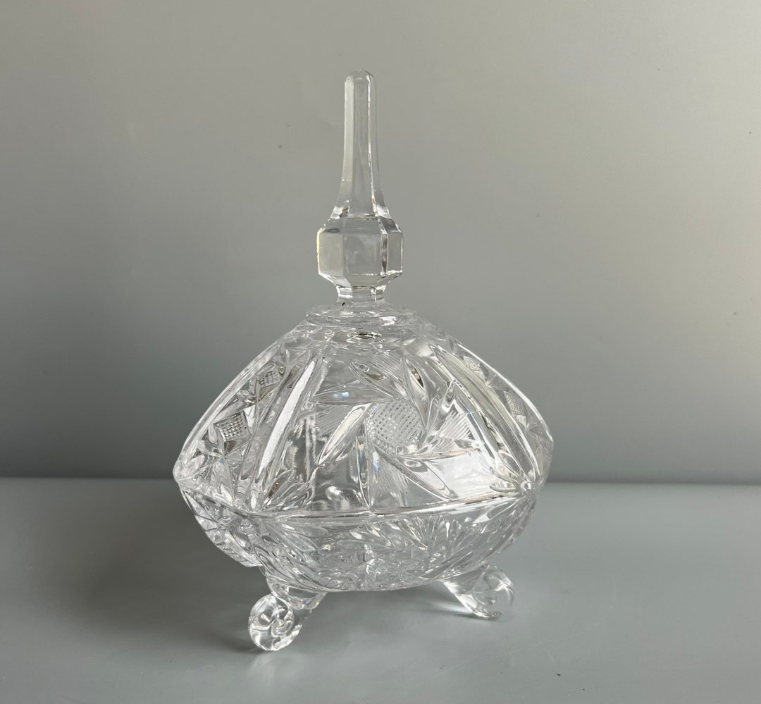 Vintage Cut Crystal Candy Dish: Triangle Footed Bowl, Hollywood Regency ...