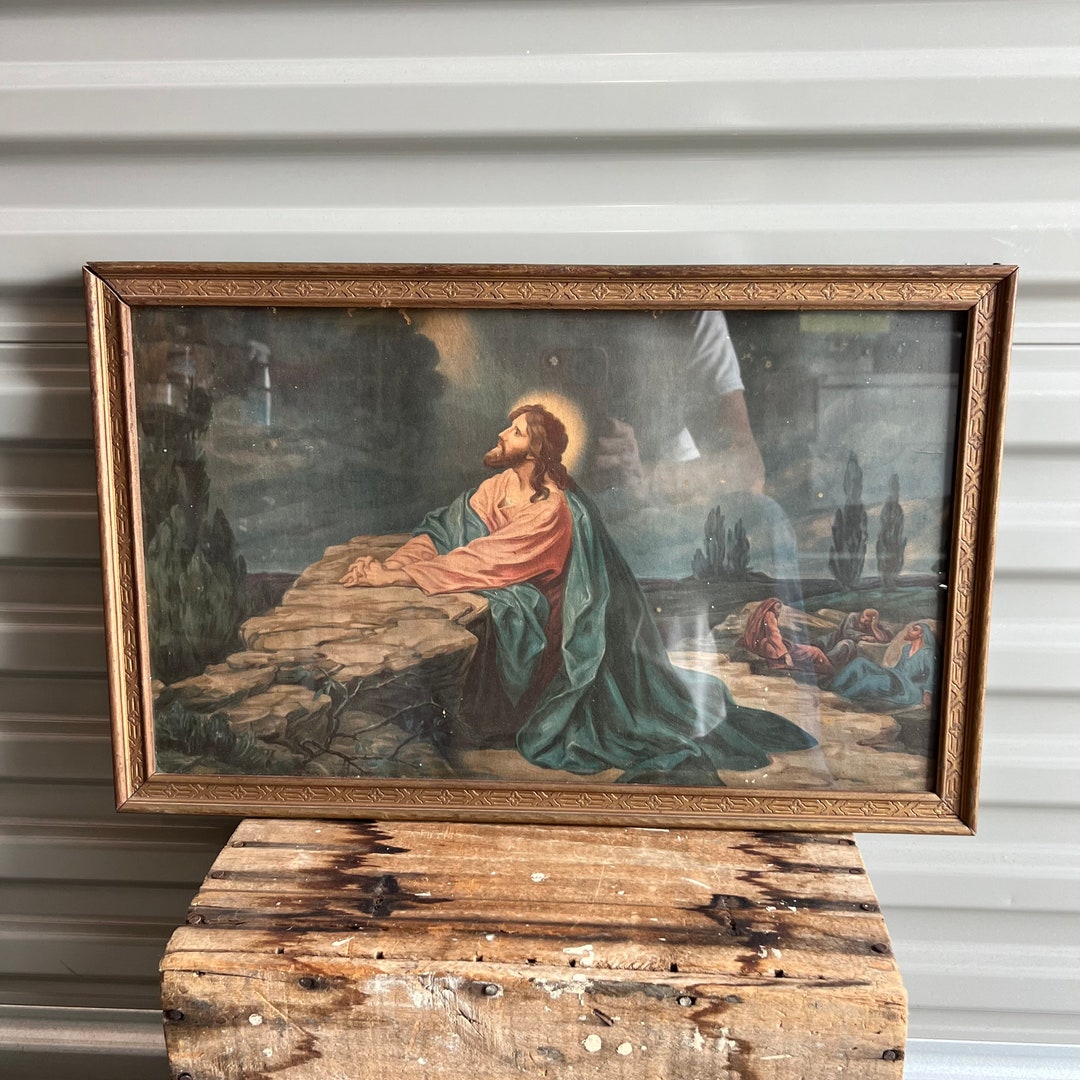 Vintage Jesus in Wood Picture Frame With 1940s Jesus Lithograph 20 X 12 ...