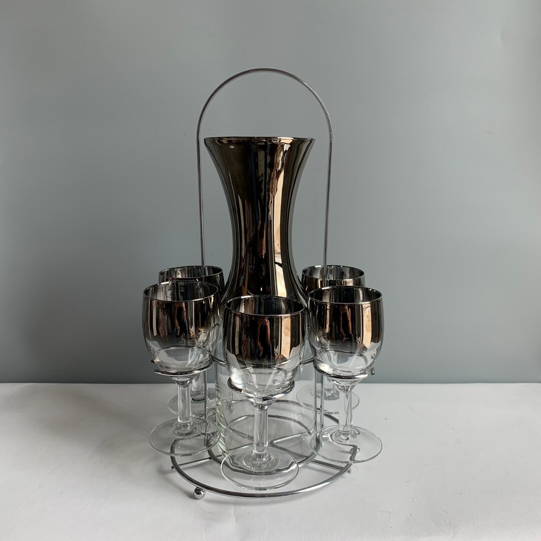 MCM Barware Decanter Set With 6 Glasses Chrome Stand Vitreon Queens ...