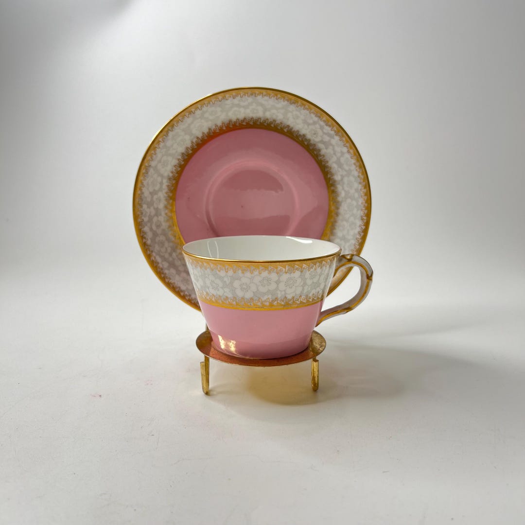 Royal Worcester Tea Cup and Saucer Pink and Gold Design on White Bone ...
