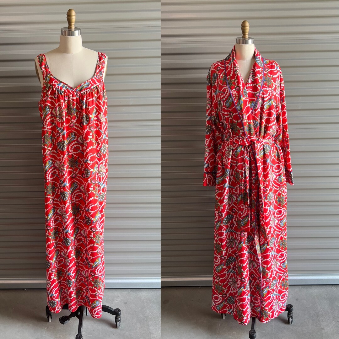 1980s Mary Mcfadden Gown and Robe Sea Shells Red and Blue Size Large - Etsy