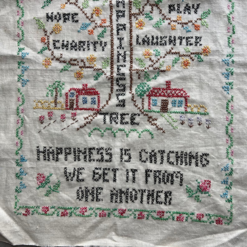 Embroidered Cross Sitch Sampler of Tree of Happiness Unframed 12 X 17 ...