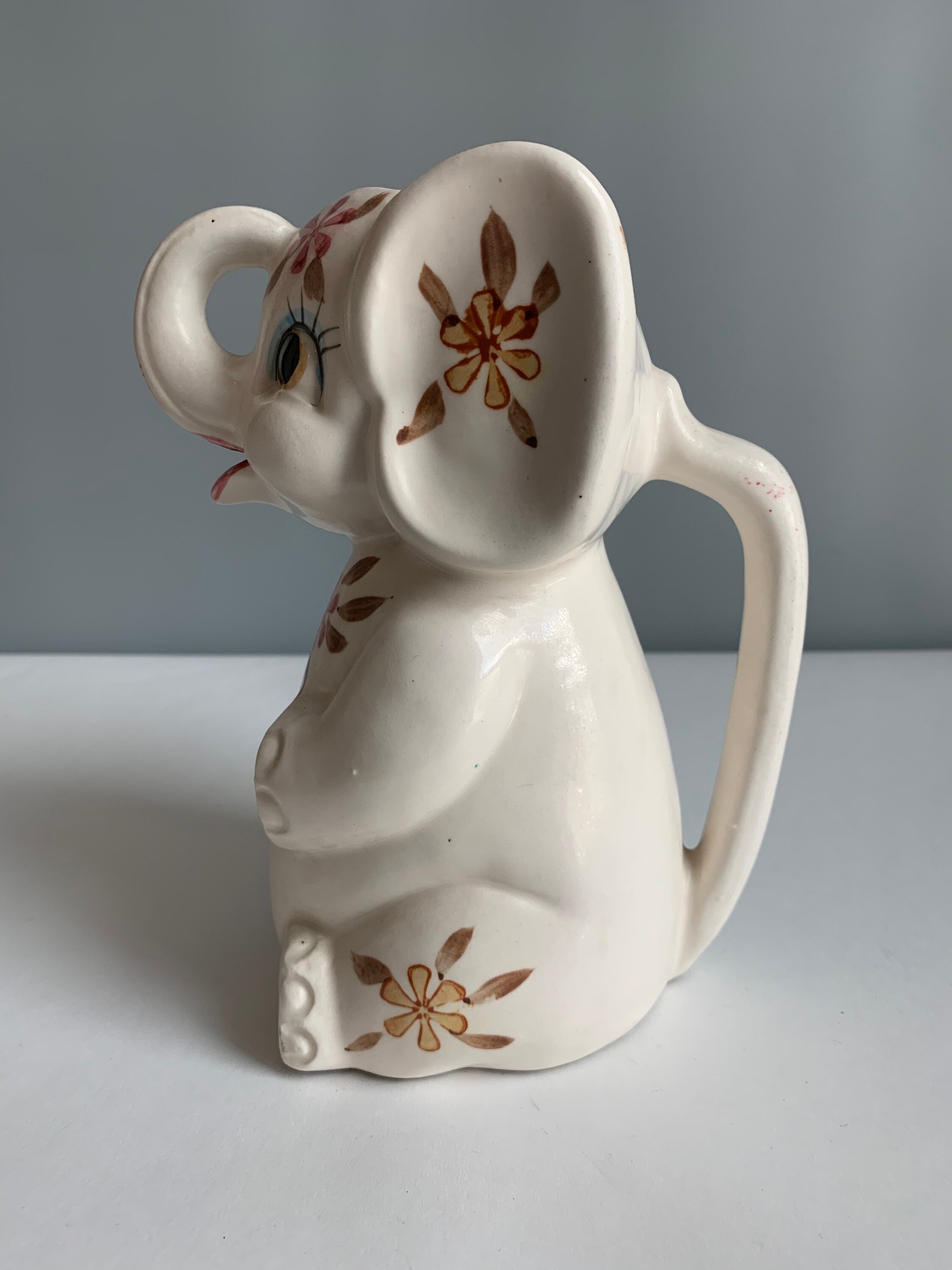 Vintage Elephant Pitcher Big Eye Trunk Up White with Hand | Etsy