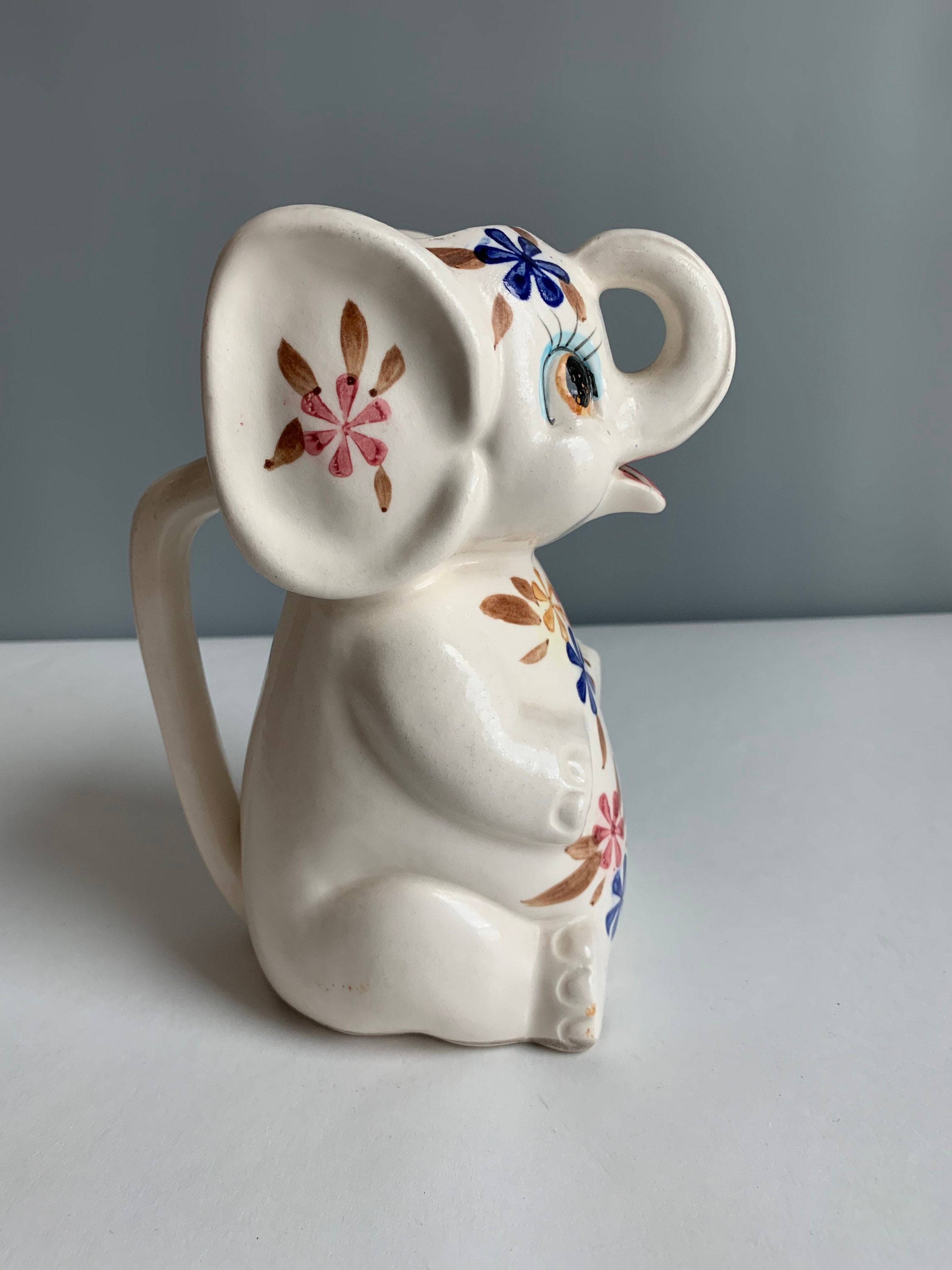 Vintage Elephant Pitcher Big Eye Trunk Up White with Hand | Etsy