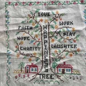 Embroidered Cross Sitch Sampler of Tree of Happiness Unframed 12 X 17 ...
