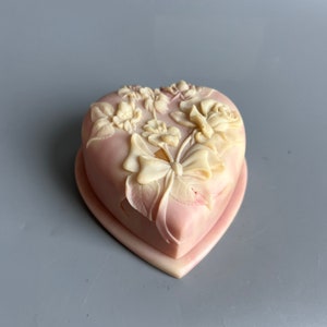 Vintage Pink Incolay Stone Type Jewelry Box Heart Shape With Flowers ...