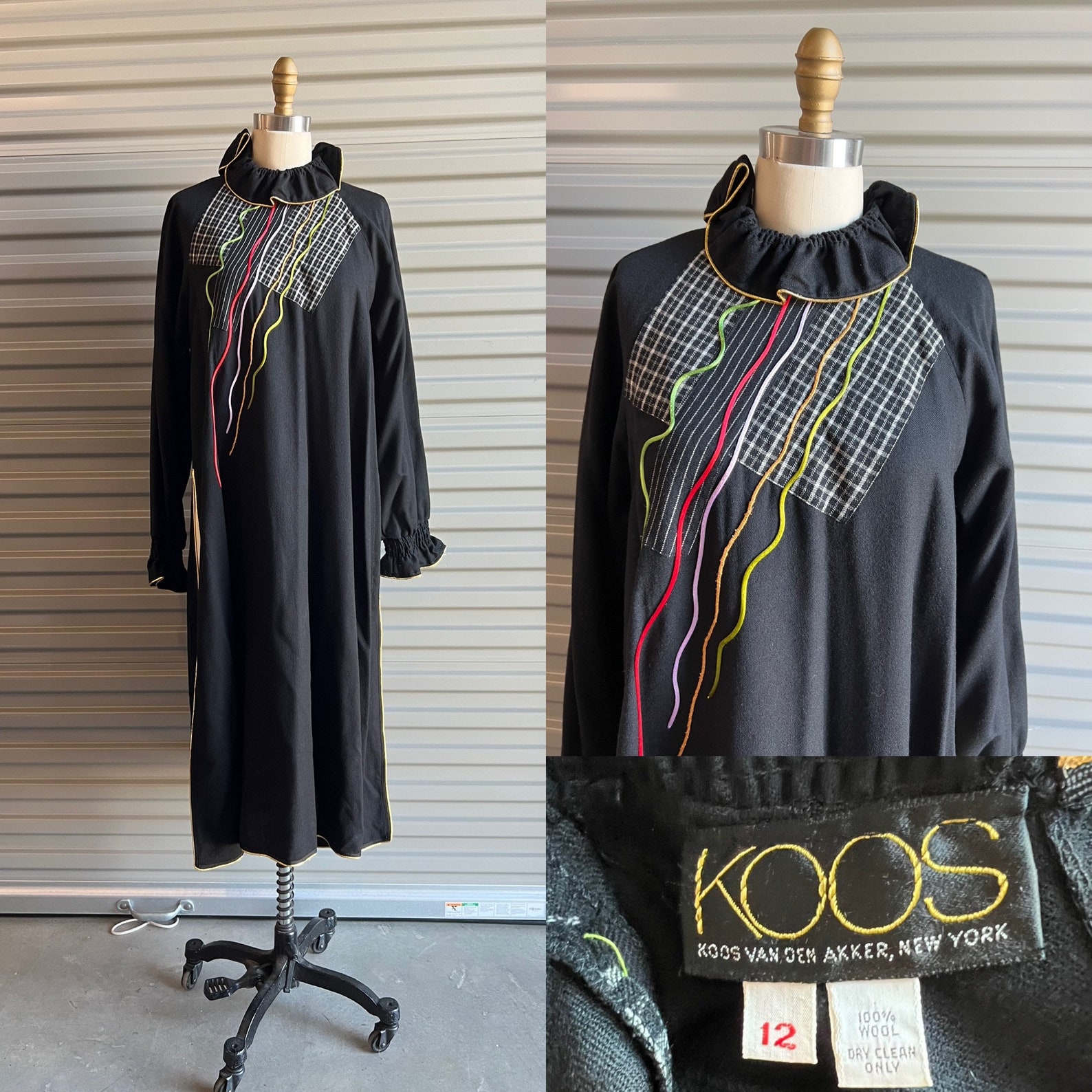 1980s Koos Tunic Black Wool With Decorated Front Ruffle Collar Side ...
