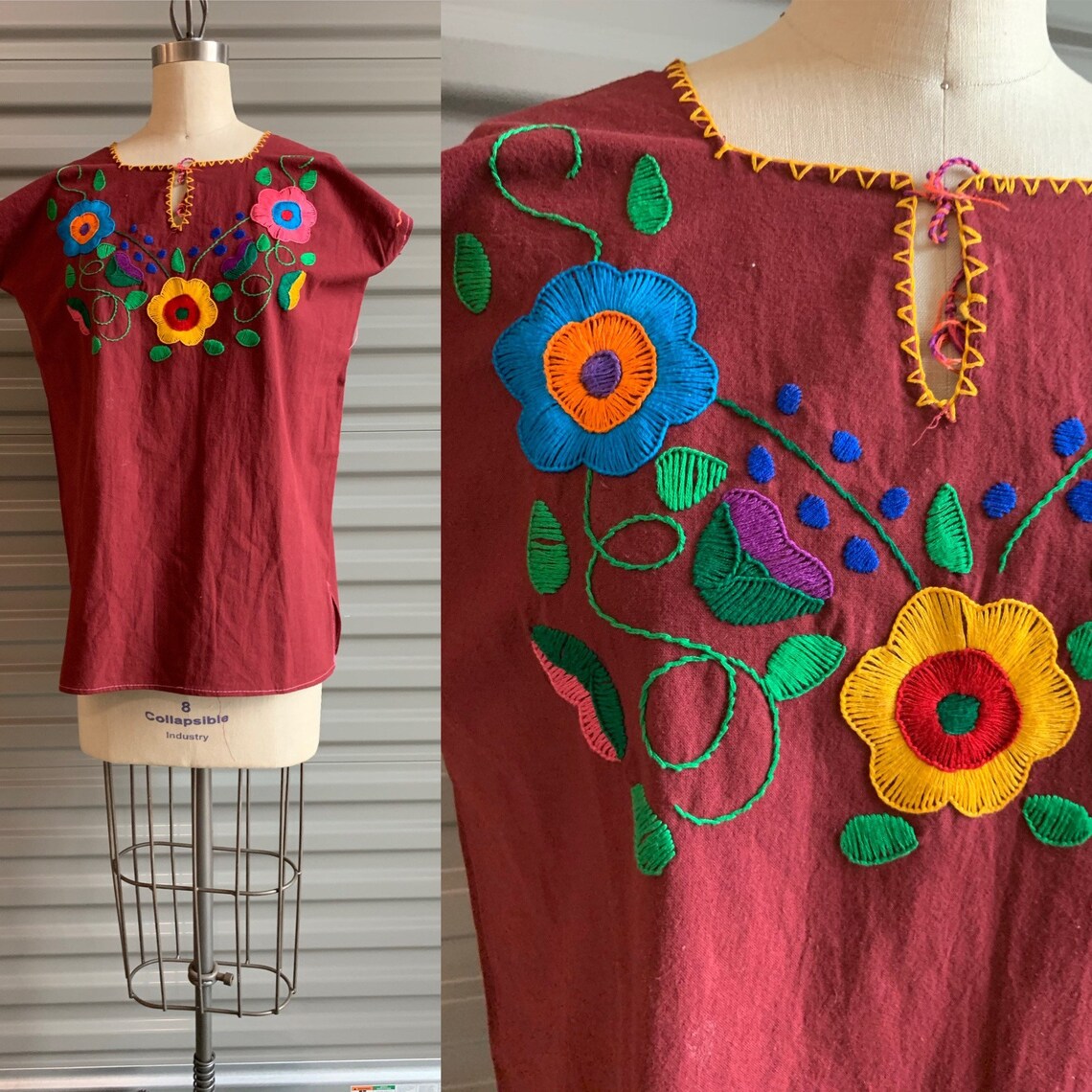 Vintage Embroidered Top Mexican Shirt Dark Red Maroon with | Etsy