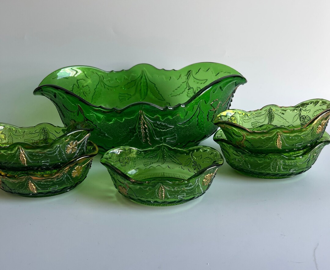 Victorian EAPG Green and Gold Fruit Bowl Set Large Bowl With 5 Small ...