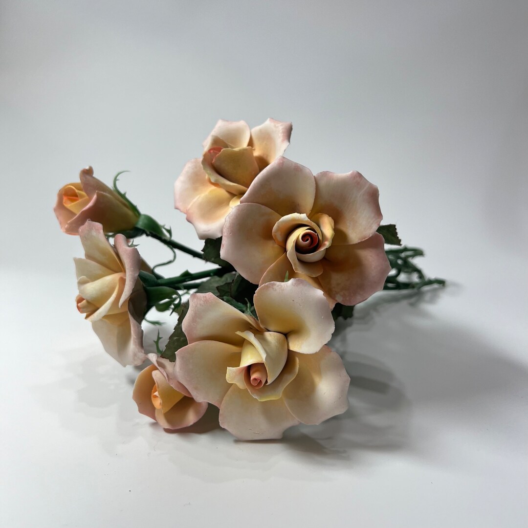 Capodimonte Porcelain Roses Pink and White on Green Wired Stems Life ...
