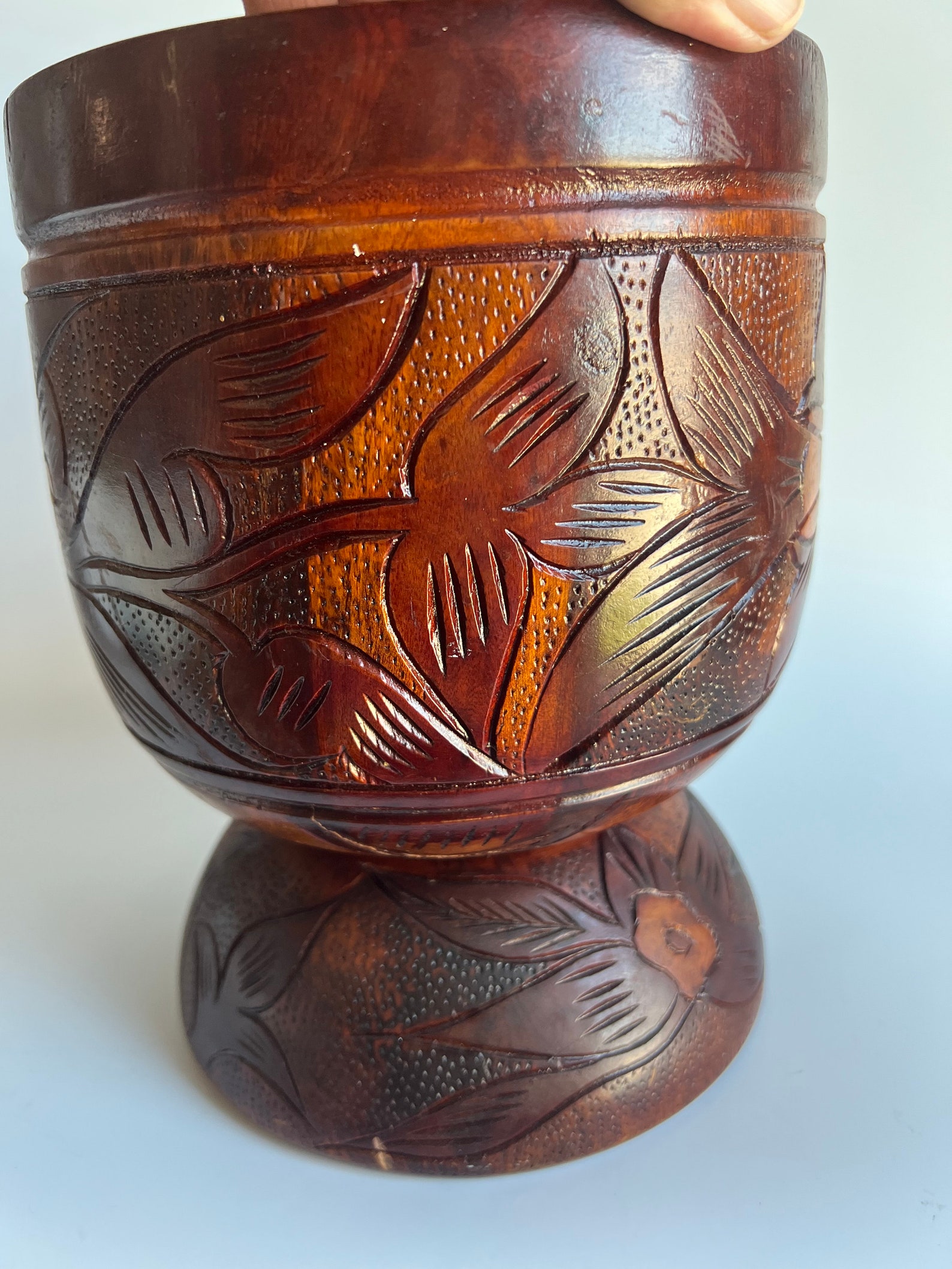 Large Wood Bowl With Pedestal and Hand Carved With Fish - Etsy