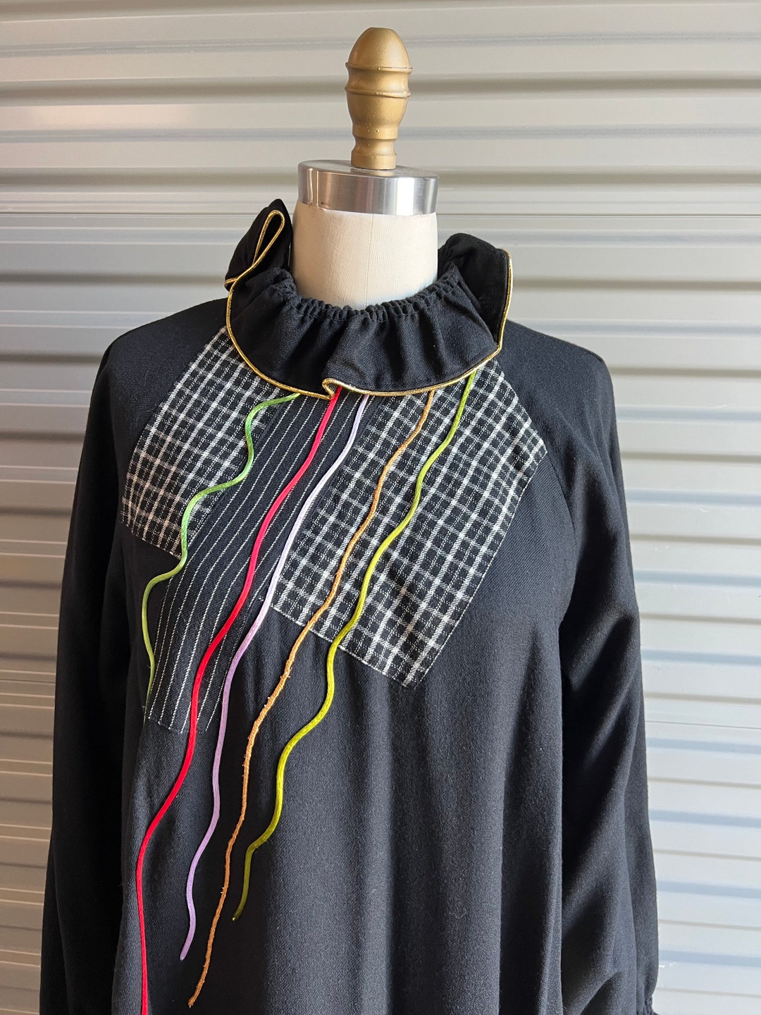 1980s Koos Tunic Black Wool With Decorated Front Ruffle Collar Side ...
