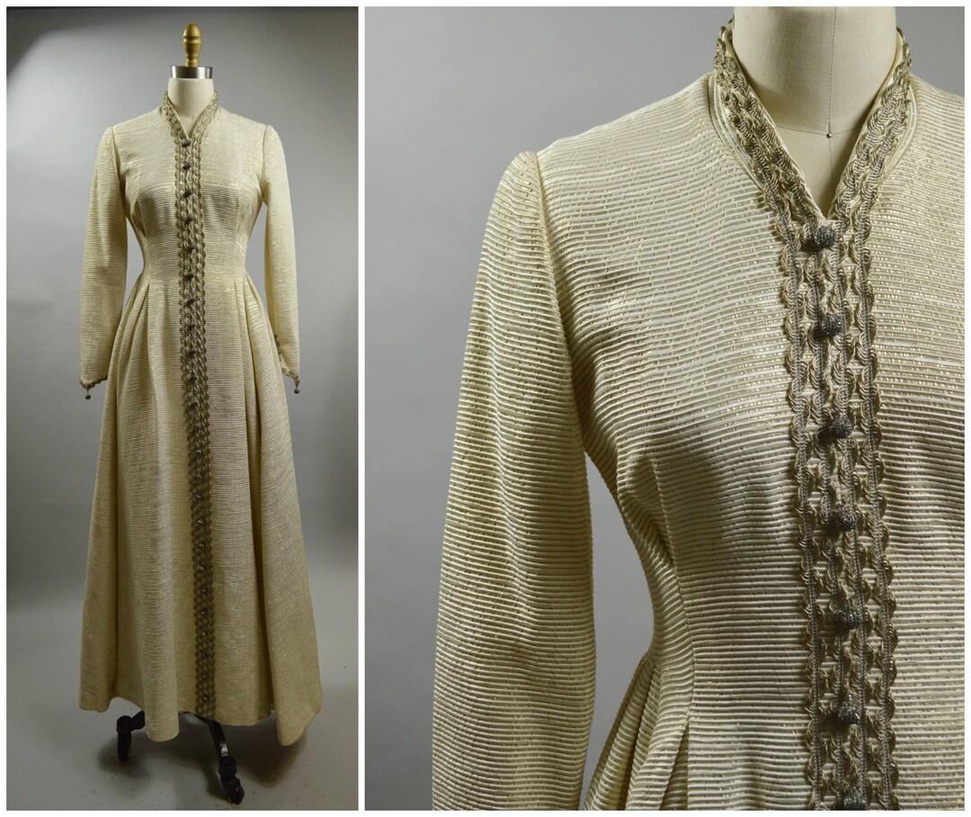 Vintage 1970s Evening Gown: Cleopatra Broumand Metallic Bengaline Dress ...