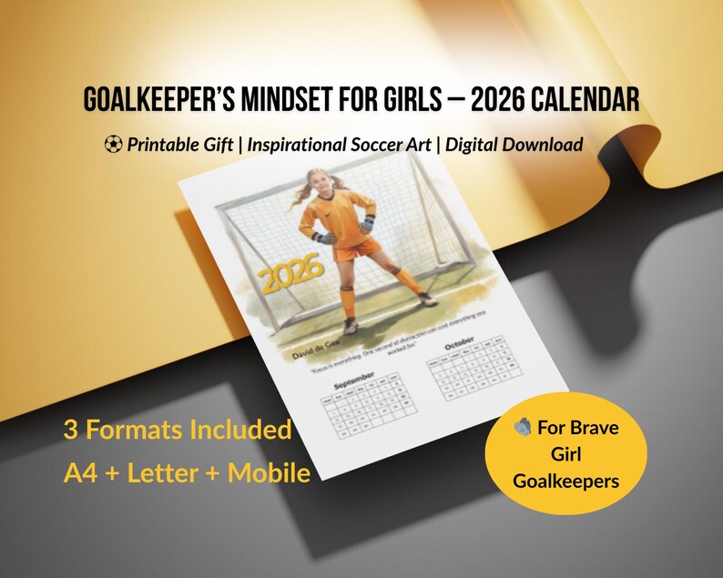Girl Goalkeeper Calendar 2026 | Printable Soccer Gift for Girls ...