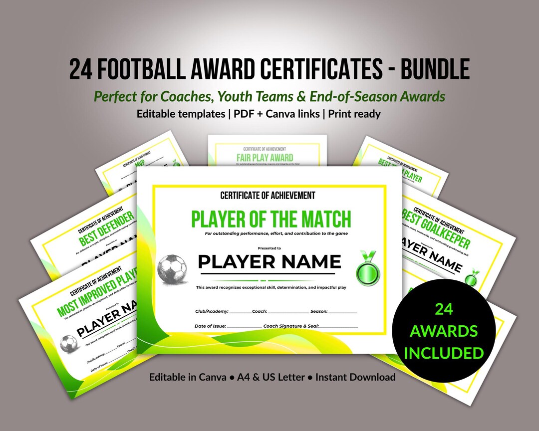 24 Football Award Certificates Bundle | Youth Soccer Printable Awards ...