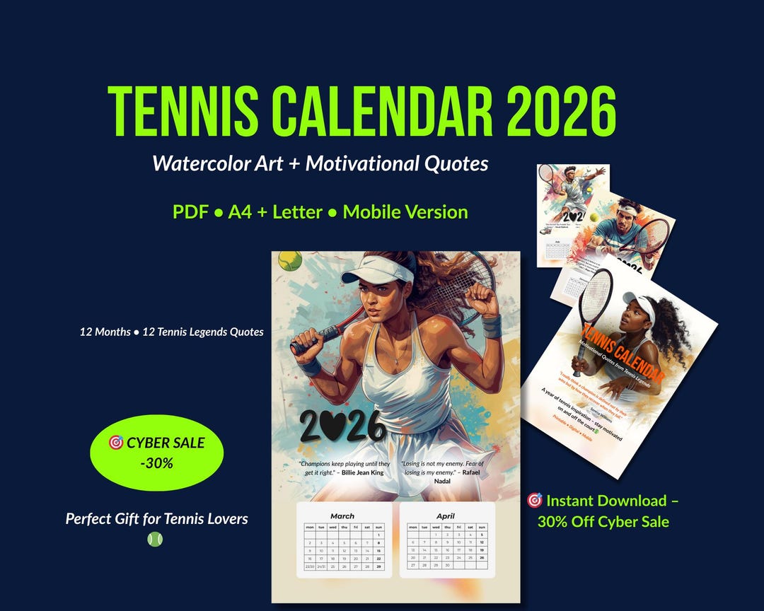 Tennis Mindset Calendar 2026 | Motivational Quotes | Gift for Players ...