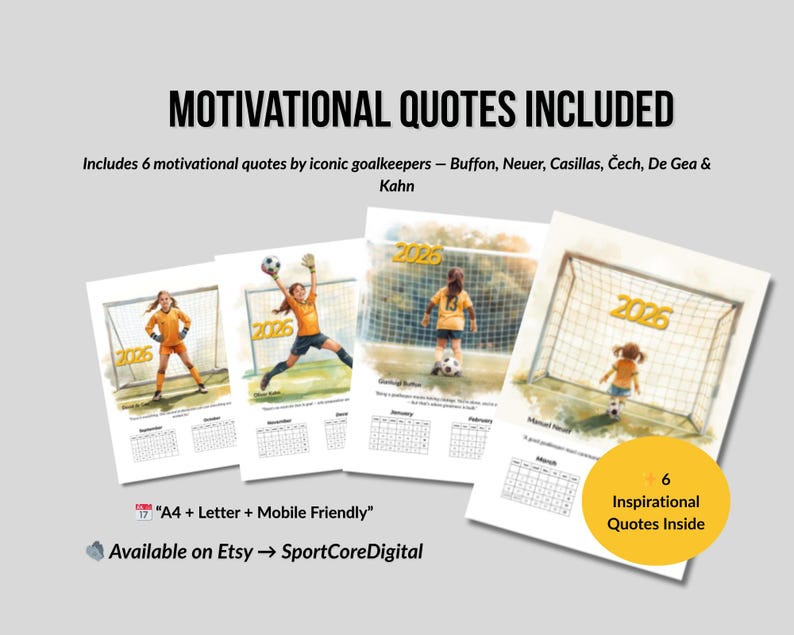 Girl Goalkeeper 2026 Calendar | Soccer Inspirational Quotes ( PDF) - Etsy