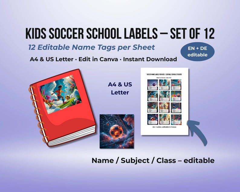 Soccer Name Labels: Editable School Stickers, Set of 12 (printable A4 ...