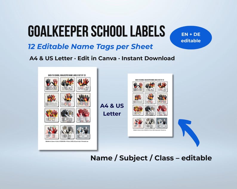 Goalkeeper School Labels: Editable Soccer Name Tags (PDF + Canva ...