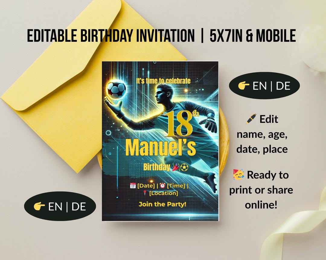 Goalkeeper Birthday Invitation: Soccer Goalie Party, Editable Canva ...