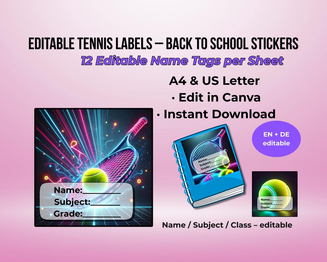 Neon Tennis Labels: Editable Back to School Stickers (digital Download ...