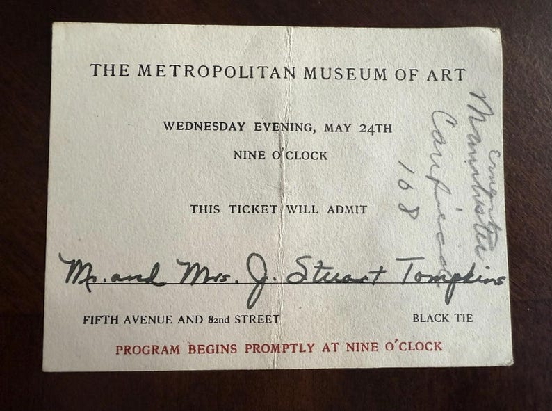 1922 Metropolitan Museum of Art Ticket Gala Black Tie Manhattan Society ...