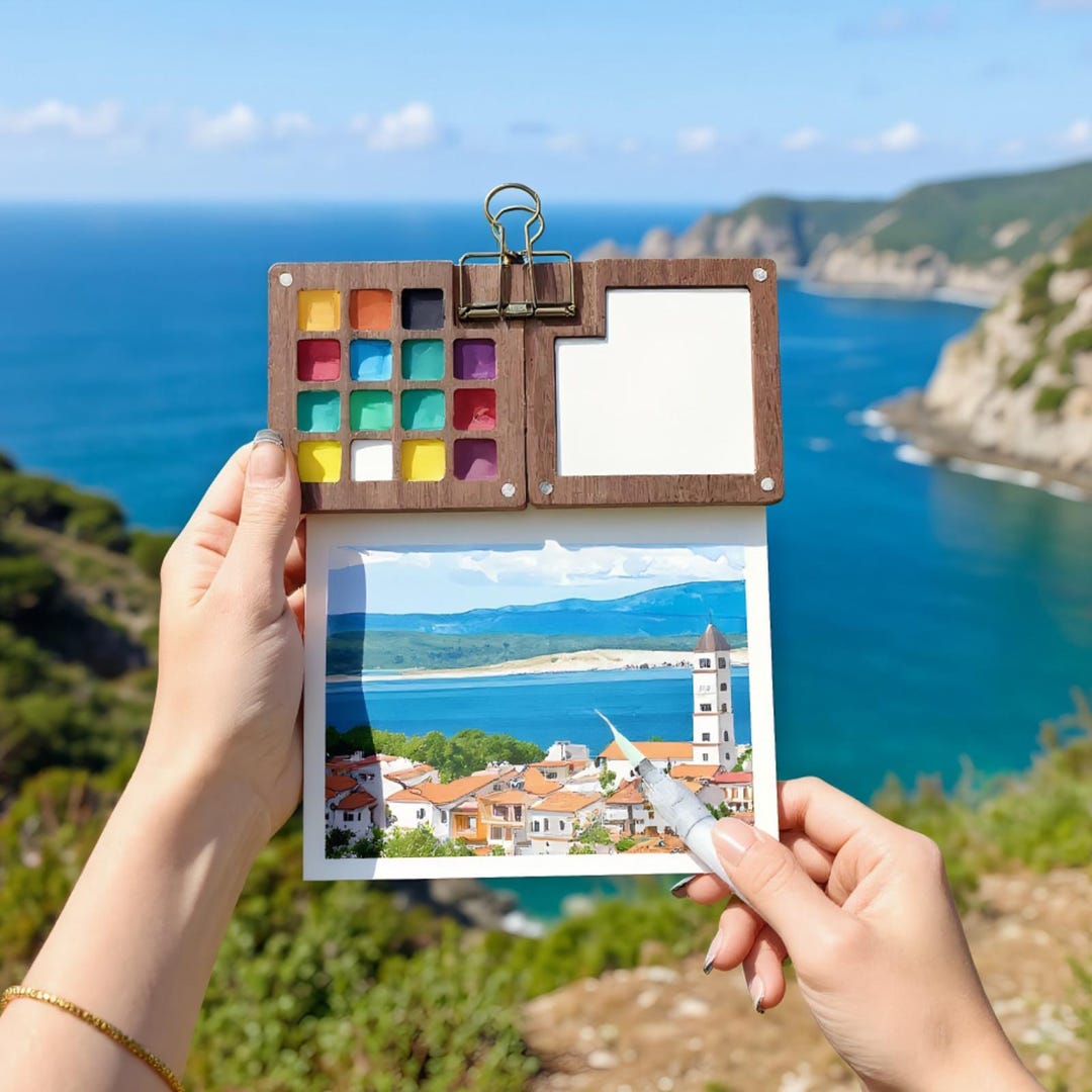 15 Colors Travel Set Portable Paint Box, Watercolor Palette Walnut Box ...