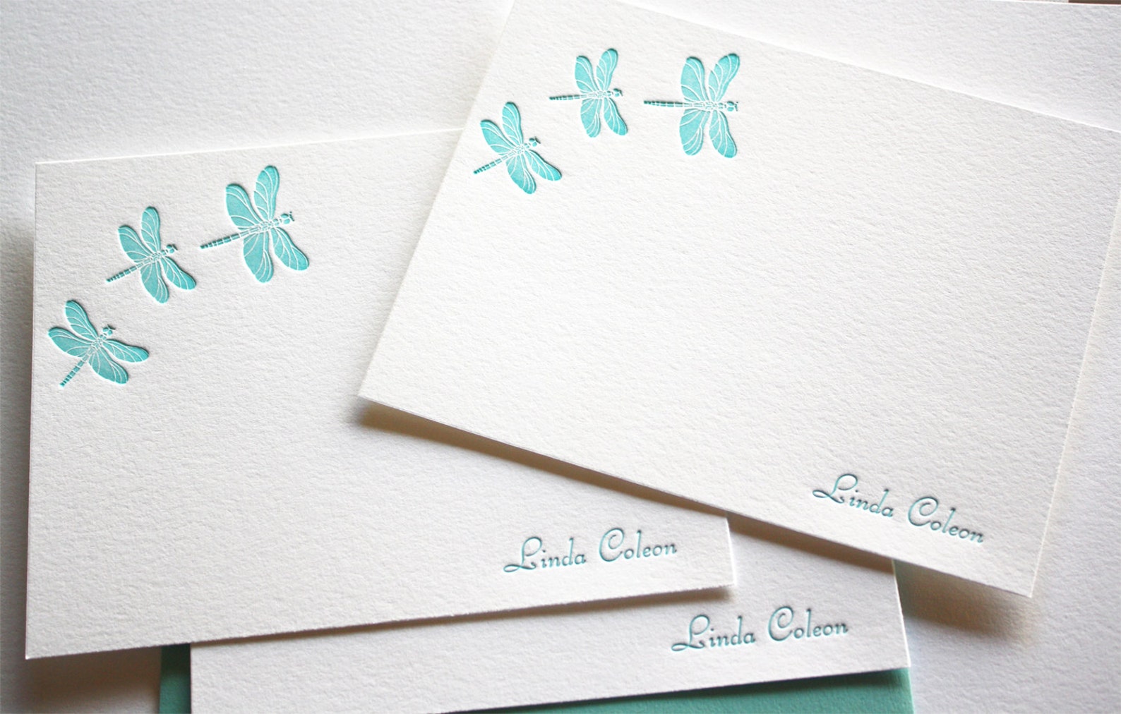 Personalized Letterpress Stationery Dragonflies Script Font Aqua Blue ...