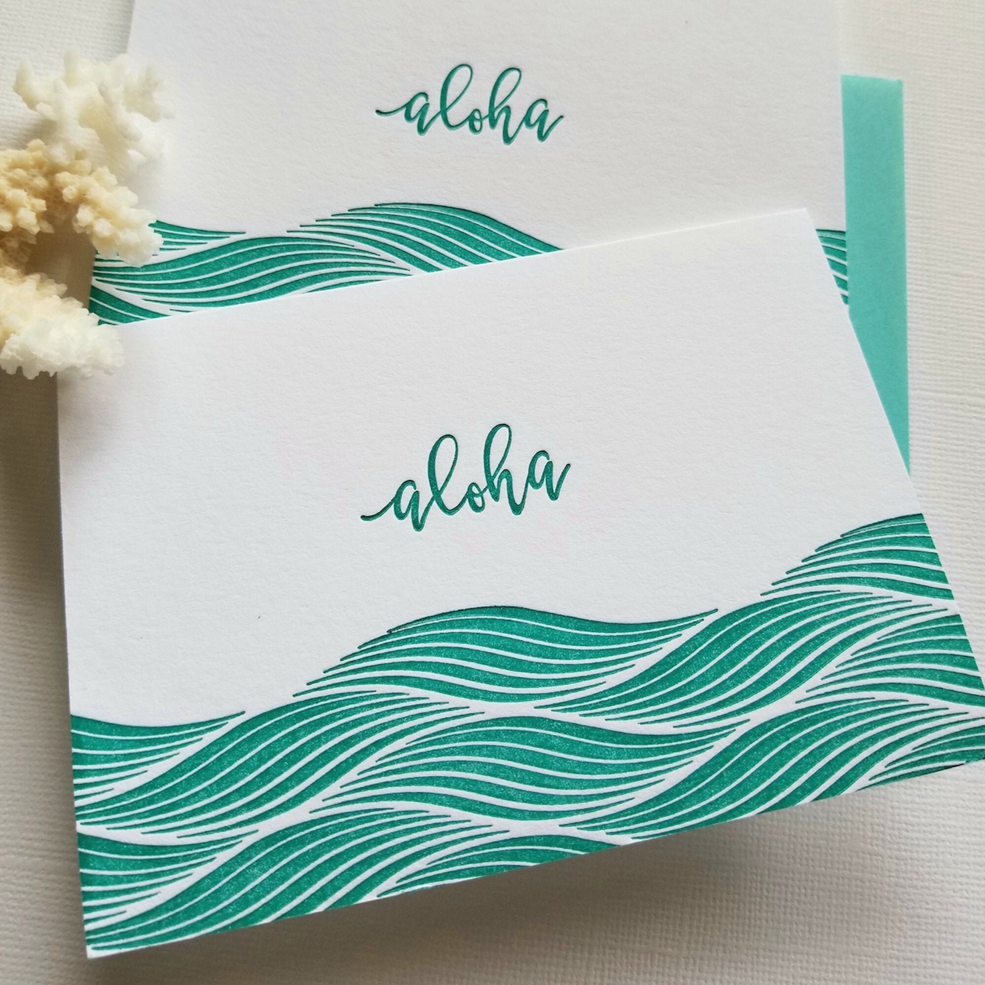 Ocean Waves Letterpress Cards Aloha Mahalo Turquoise Blue - Etsy