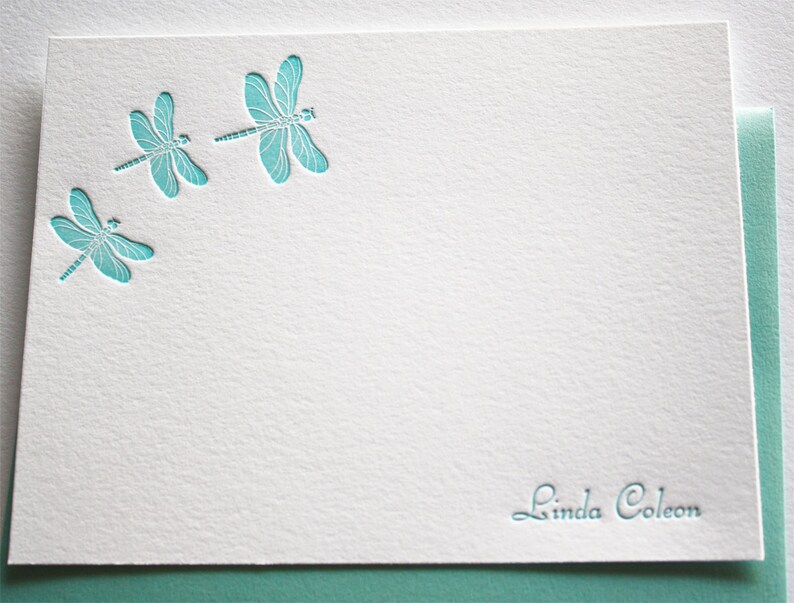 Personalized Letterpress Stationery Dragonflies Script Font Aqua Blue ...