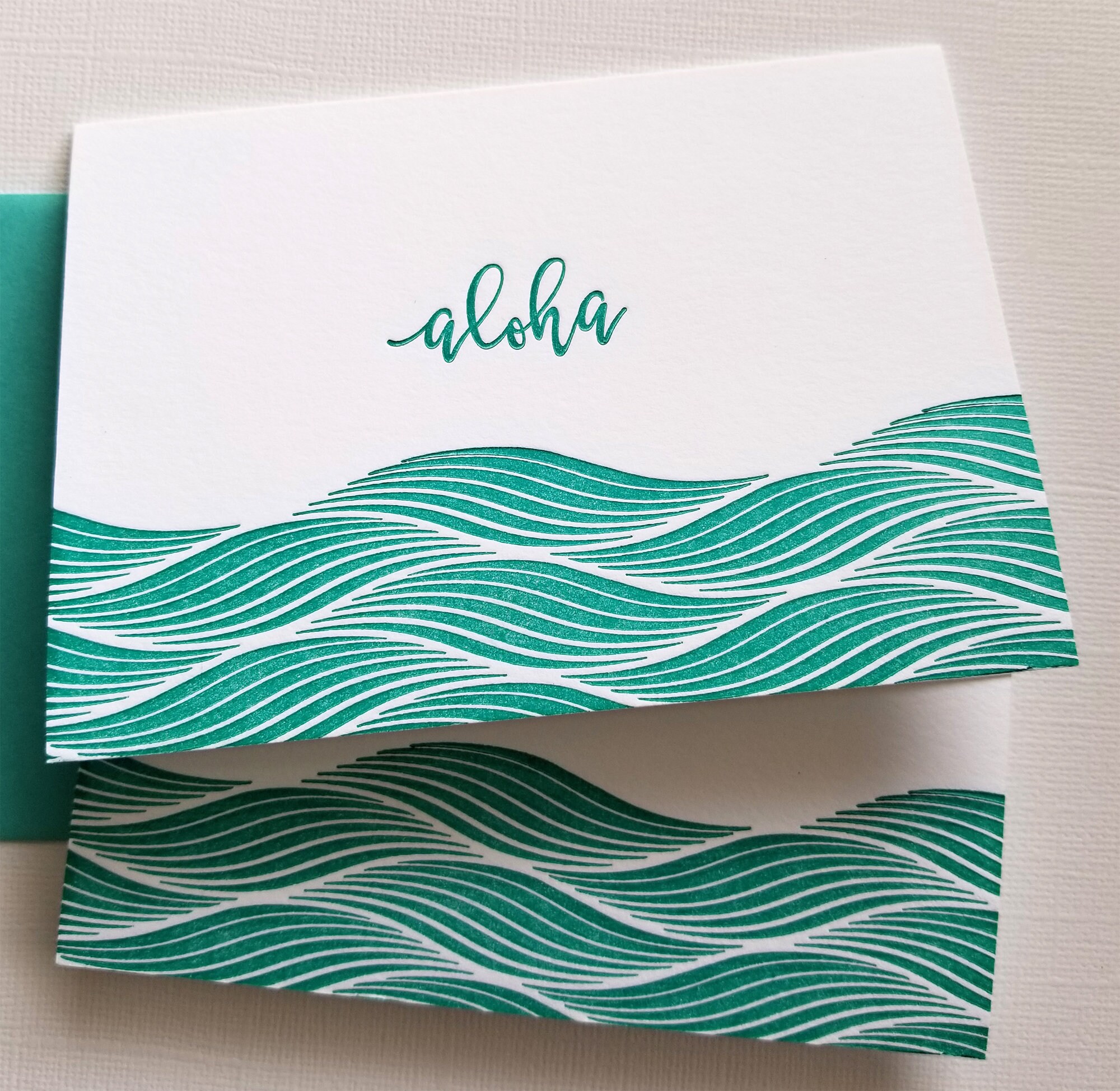 Ocean Waves Letterpress Cards Aloha Mahalo Turquoise Blue - Etsy
