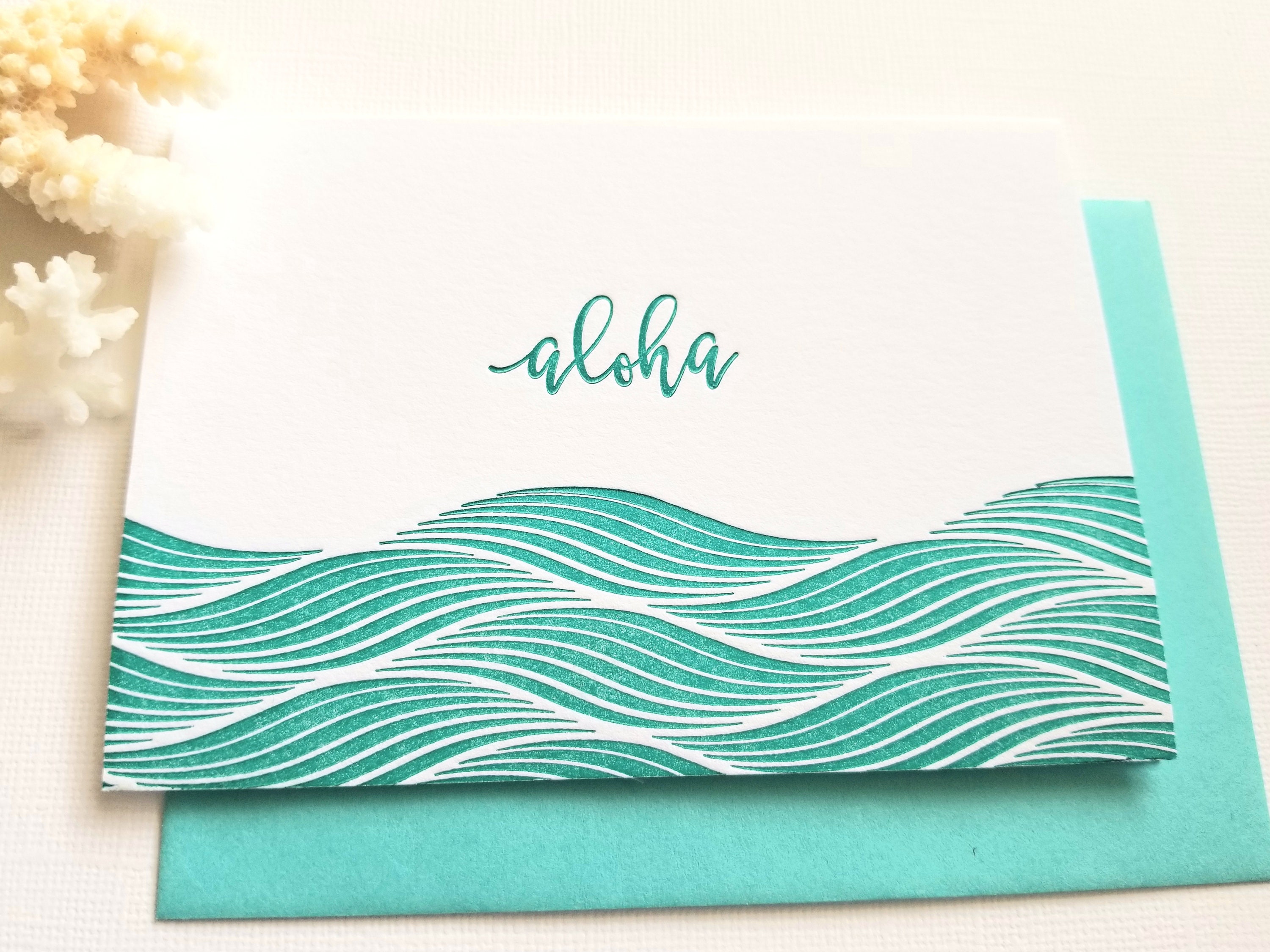 Ocean Waves Letterpress Cards Aloha Mahalo Turquoise Blue - Etsy