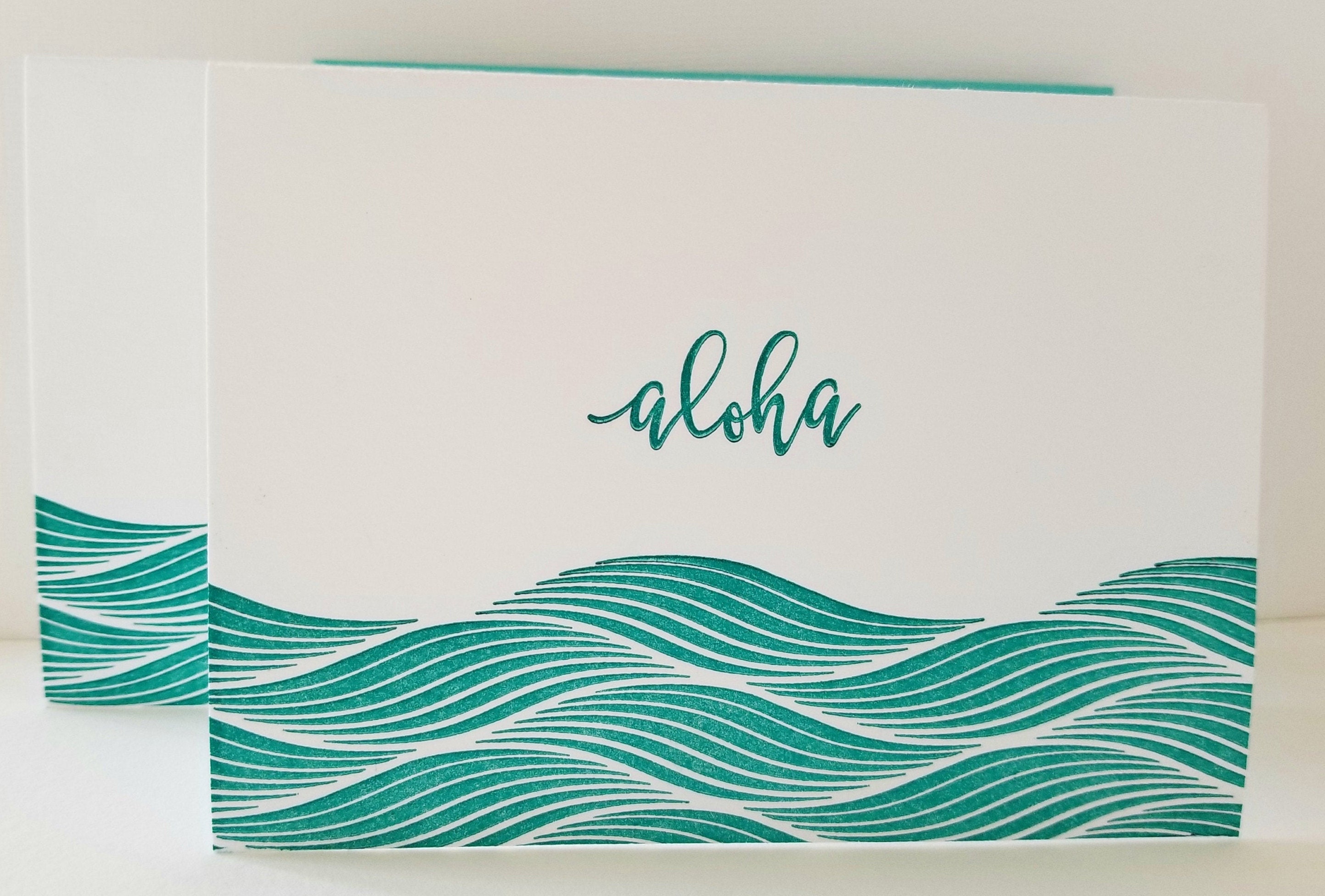Ocean Waves Letterpress Cards Aloha Mahalo Turquoise Blue - Etsy