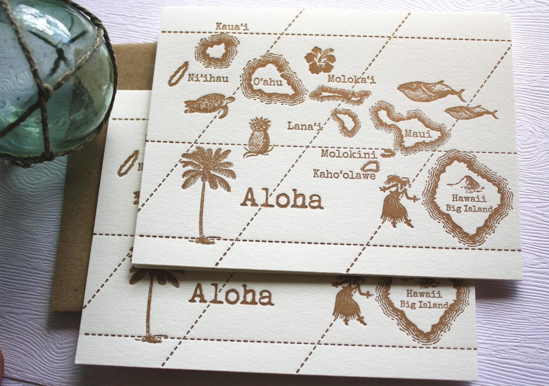 Aloha Hawaii Vintage Map Letterpress Folded Greeting Cards Set Copper ...