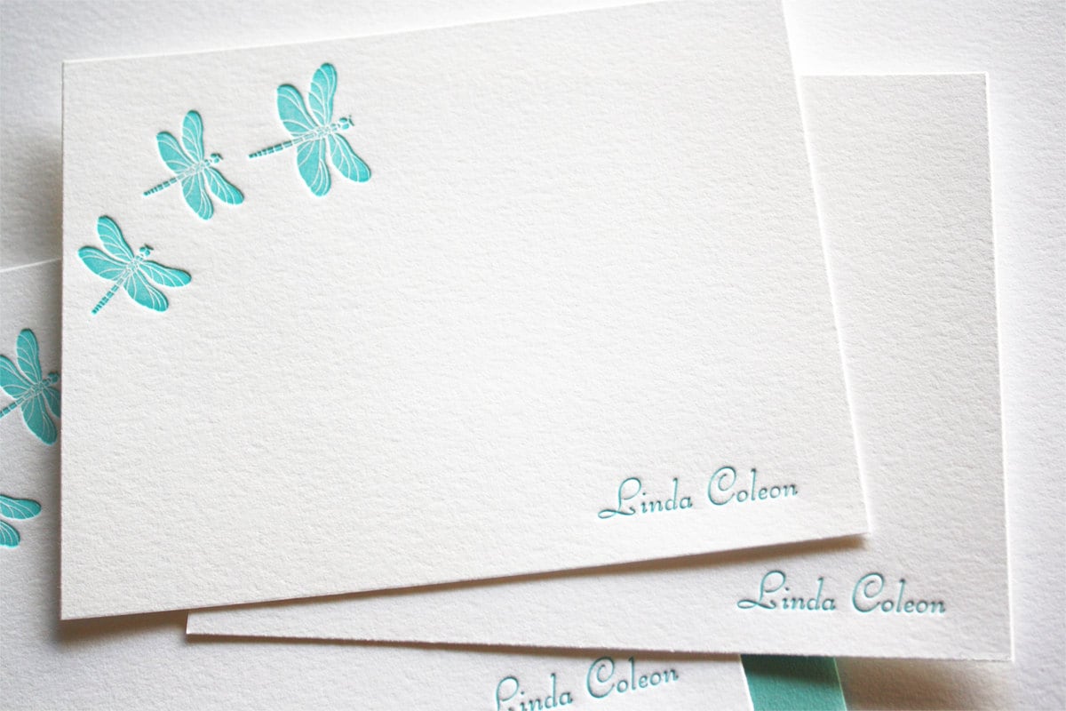 Personalized Letterpress Stationery Dragonflies Script Font Aqua Blue ...
