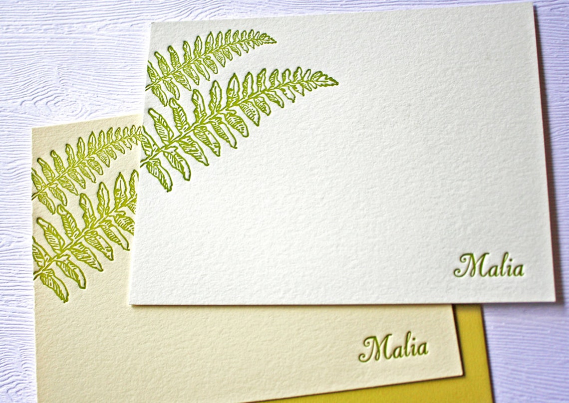 Personalized Letterpress Stationery Fern Kupukupu Script Font Golden ...